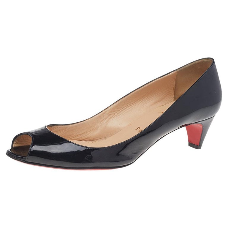 Christian Louboutin Black Patent Leather Kitten Heel Peep Toe Pumps ...