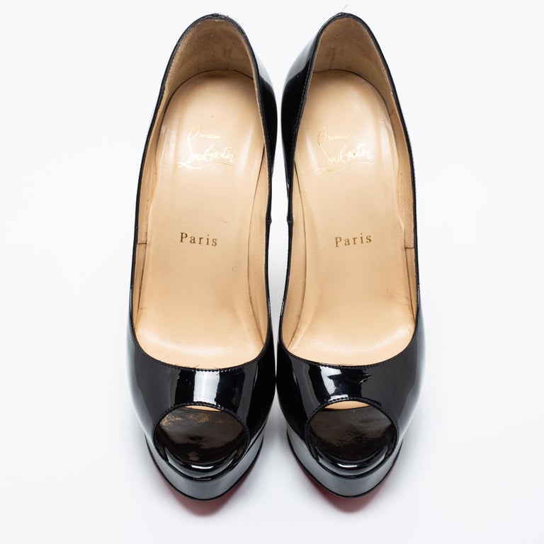 Christian Louboutin Black Patent Leather Lady Peep Platform Pumps Size 38.5 For Sale at 1stDibs