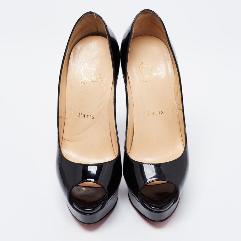 Christian Louboutin Black Patent Leather Lady Peep-Toe Platform Pumps Size 37.5 For Sale at 1stDibs