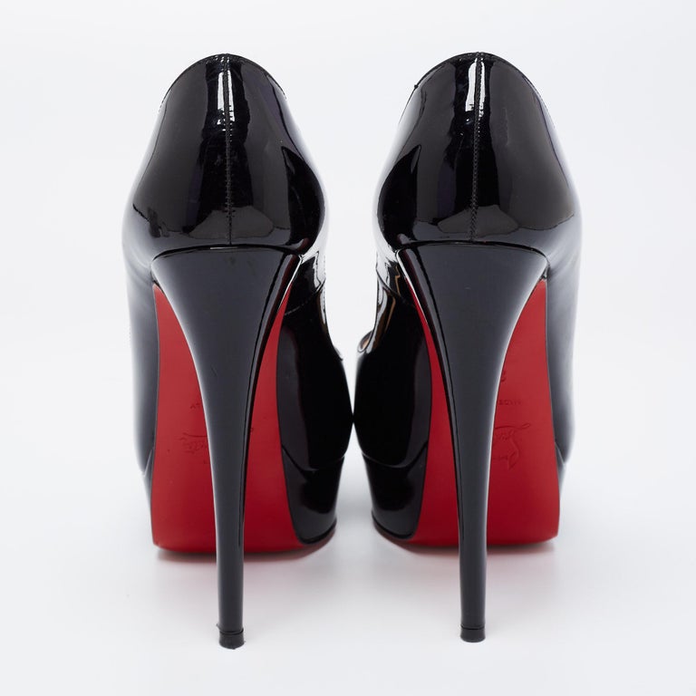 Christian Louboutin Black Patent Leather Lady Peep-Toe Platform Pumps Size 37.5 For Sale at 1stDibs
