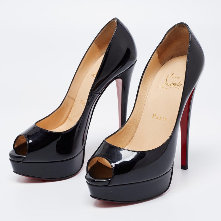 Christian Louboutin Black Patent Leather Lady Peep-Toe Platform Pumps Size 37.5 For Sale at 1stDibs