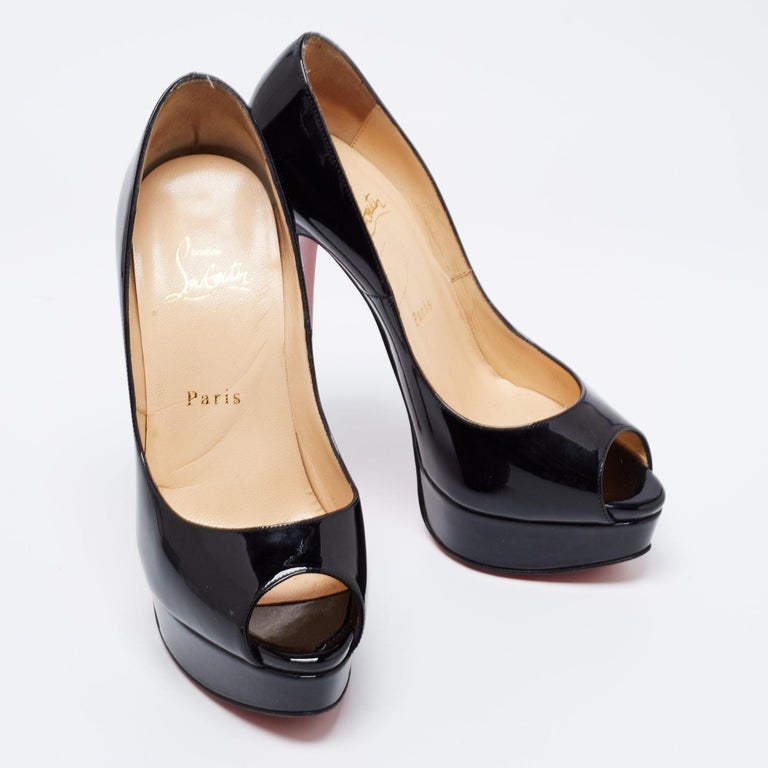 Christian Louboutin Black Patent Leather Lady Peep-Toe Platform Pumps Size 37.5 For Sale at 1stDibs