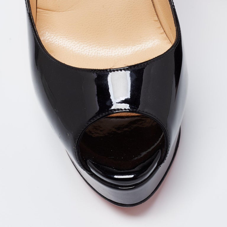 Christian Louboutin Black Patent Leather Lady Peep-Toe Platform Pumps Size 37.5 For Sale at 1stDibs