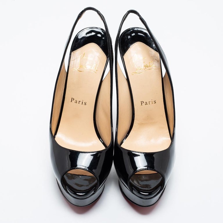 Christian Louboutin Black Patent Leather Lady Peep Toe Platform Pumps Size 38 For Sale at 1stDibs