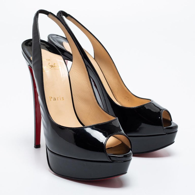 Christian Louboutin Black Patent Leather Lady Peep Toe Platform Pumps Size 38 For Sale at 1stDibs