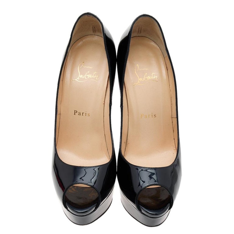 Christian Louboutin Black Patent Leather Lady Peep Toe Platform Pumps Size 38 For Sale at 1stDibs