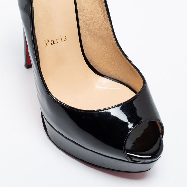 Christian Louboutin Black Patent Leather Lady Peep Toe Platform Pumps Size 38 For Sale at 1stDibs