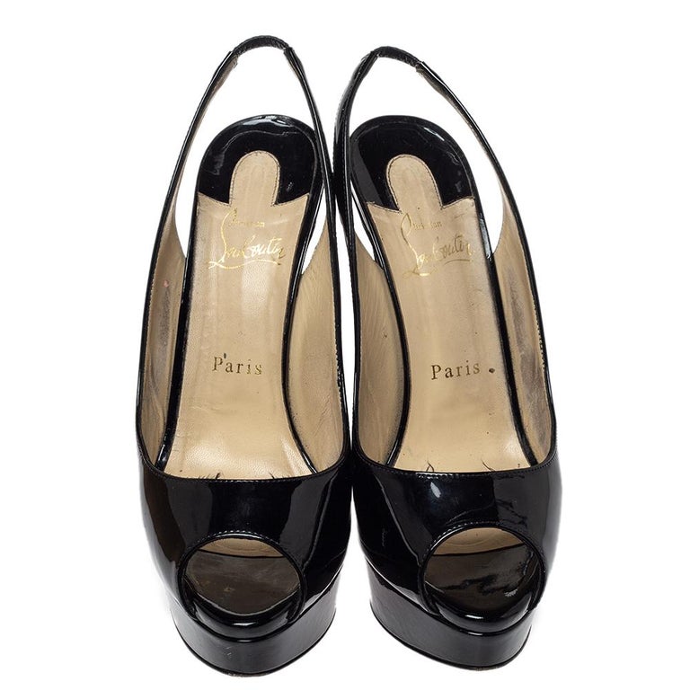 Christian Louboutin Black Patent Leather Lady Peep Toe Platform Pumps Size 38.5 For Sale at 1stDibs
