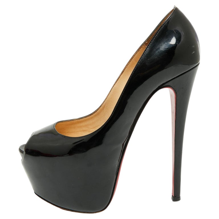 Christian Louboutin Black Patent Leather Lady Peep Toe Platform Pumps Size 38.5 For Sale at 1stDibs