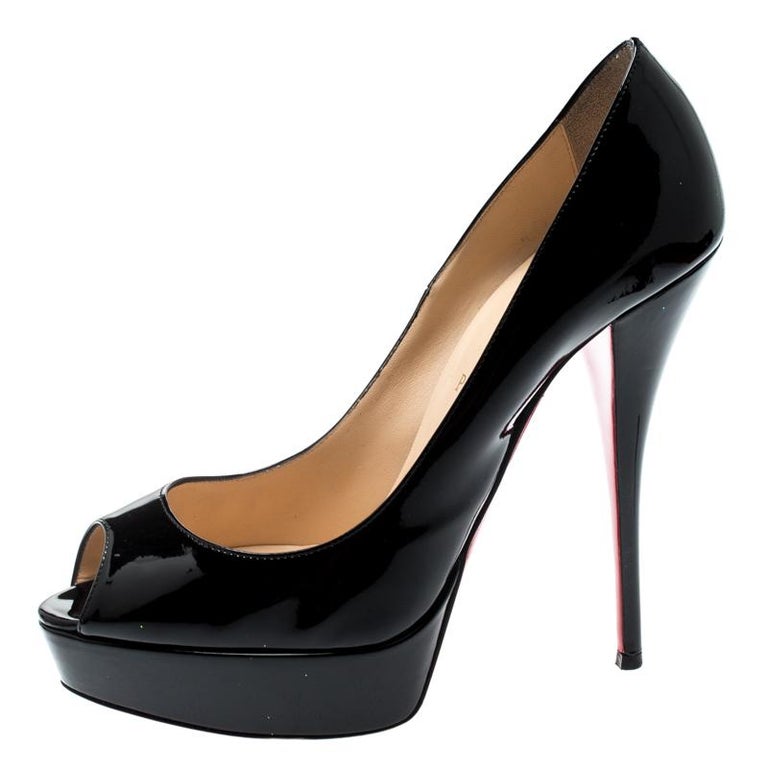 Christian Louboutin Black Patent Leather Lady Peep Toe Platform Pumps Size 39 For Sale at 1stDibs