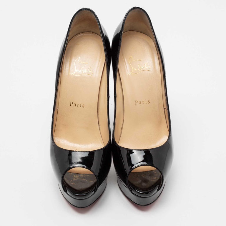 Christian Louboutin Black Patent Leather Lady Peep-Toe Platform Pumps Size 39.5 For Sale at 1stDibs