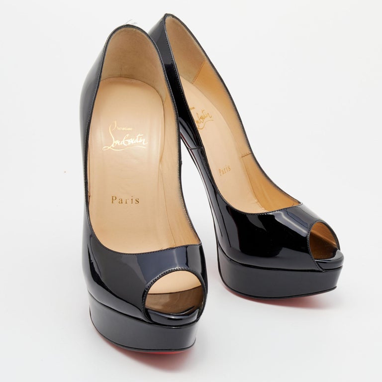 Christian Louboutin Black Patent Leather Lady Peep Toe Platform Pumps Size 39.5 For Sale at 1stDibs