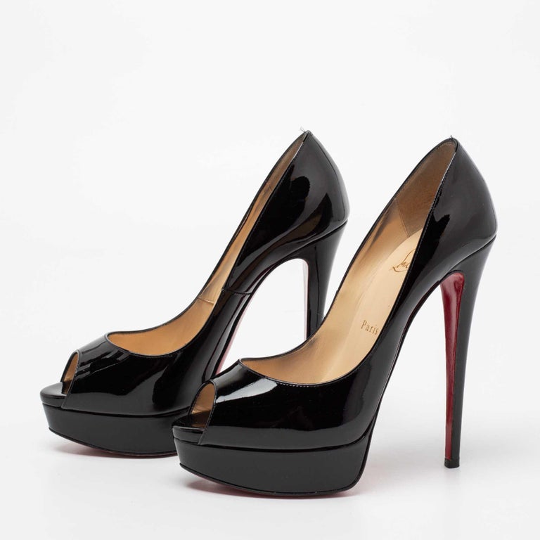 Christian Louboutin Black Patent Leather Lady Peep-Toe Platform Pumps Size 39.5 For Sale at 1stDibs