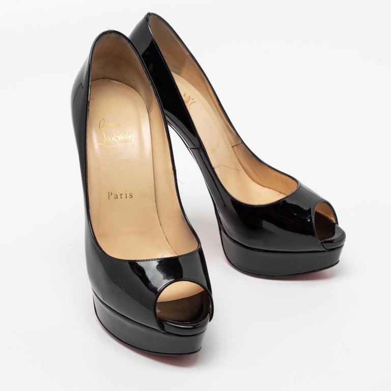 Christian Louboutin Black Patent Leather Lady Peep-Toe Platform Pumps Size 39.5 For Sale at 1stDibs