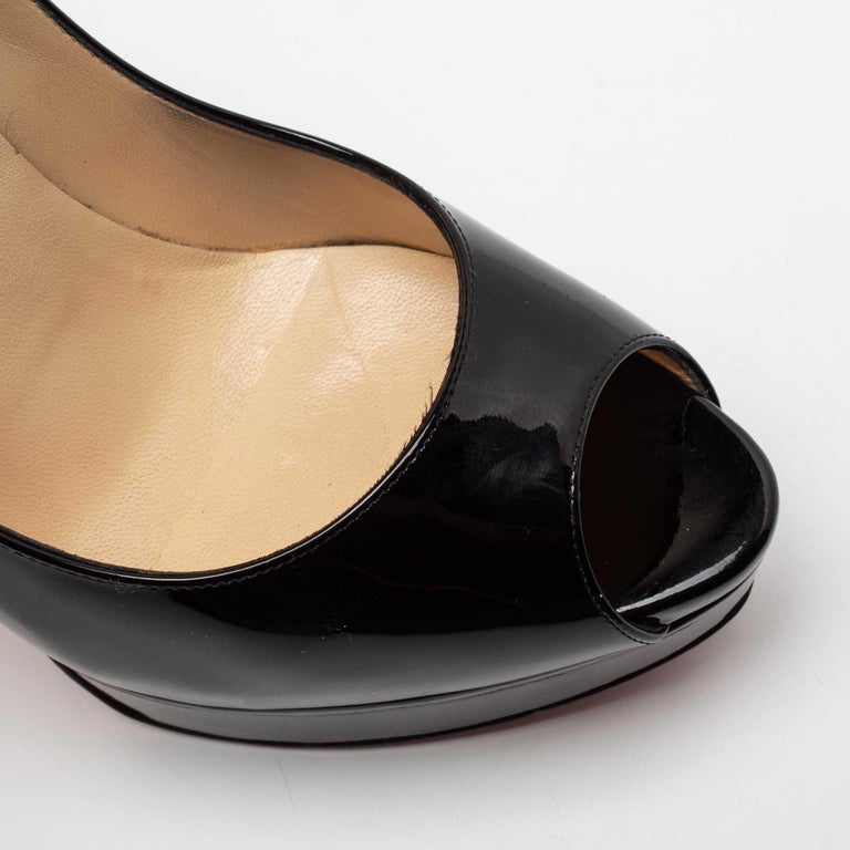 Christian Louboutin Black Patent Leather Lady Peep-Toe Platform Pumps Size 39.5 For Sale at 1stDibs