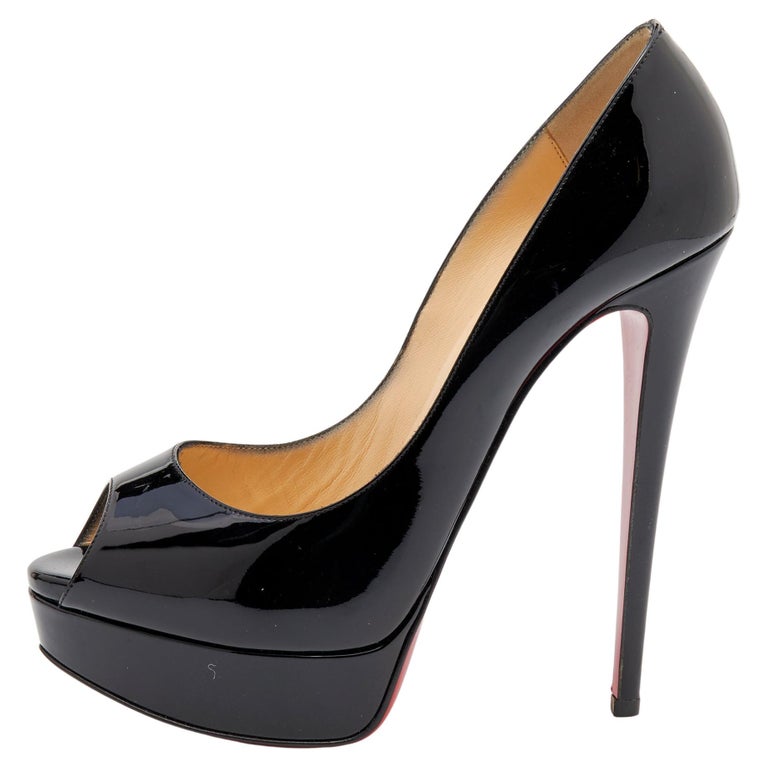 Christian Louboutin Black Patent Leather Lady Peep Toe Platform Pumps Size 39.5 For Sale at 1stDibs