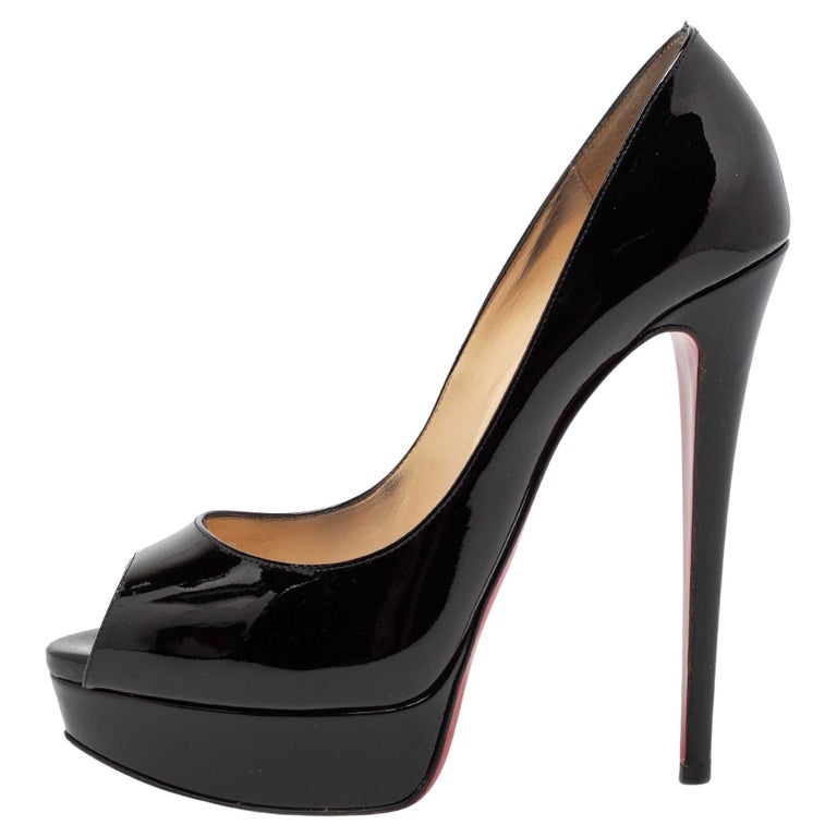 Christian Louboutin Black Patent Leather Lady Peep-Toe Platform Pumps Size 39.5 For Sale at 1stDibs