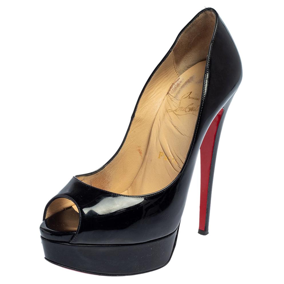 Christian Louboutin Black Patent Leather Lady Peep Toe Pumps Size 37 at ...