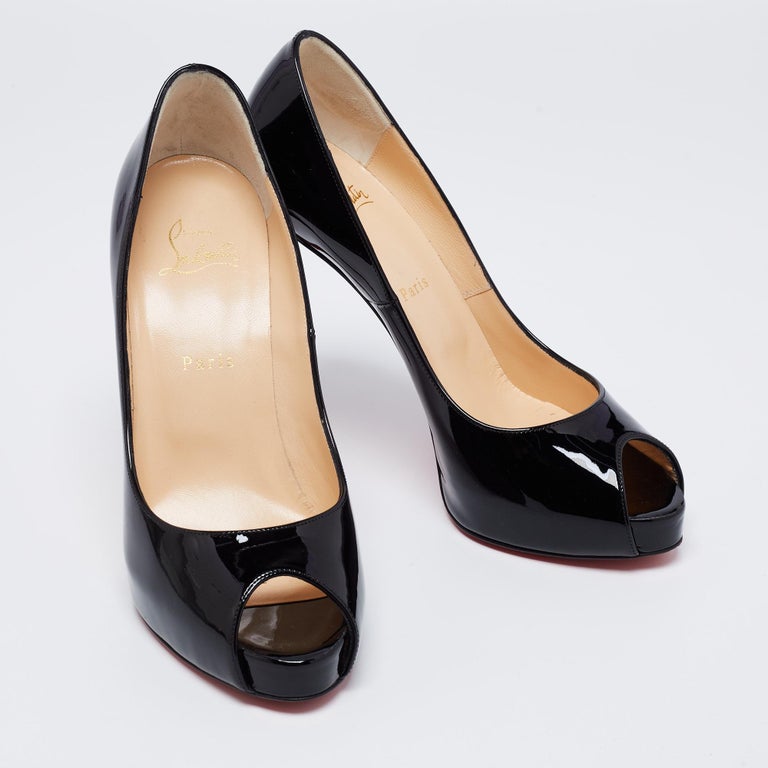 Christian Louboutin Black Patent Leather Very Prive Peep-Toe Pumps Size 38.5 For Sale at 1stDibs