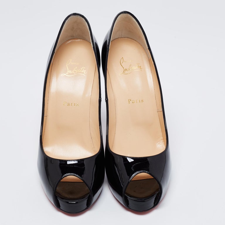 Christian Louboutin Black Patent Leather Very Prive Peep-Toe Pumps Size 38.5 For Sale at 1stDibs