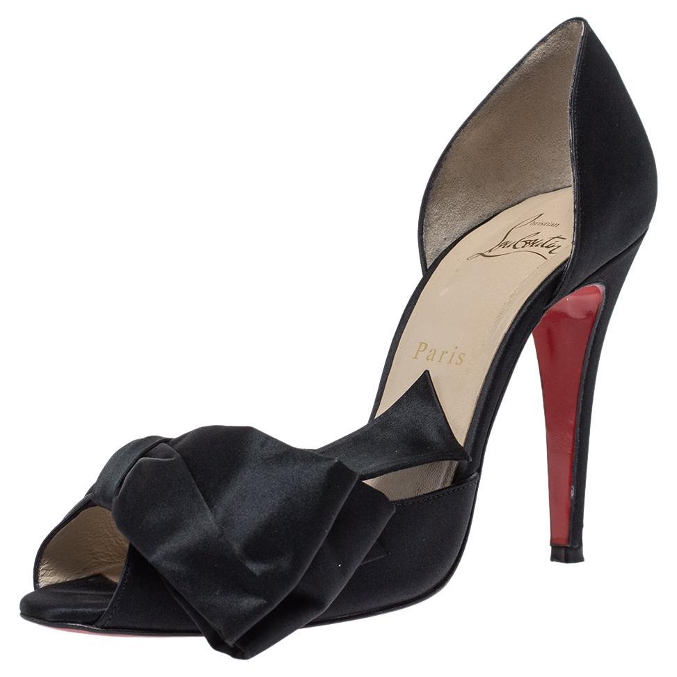 Christian Louboutin Black Satin Bow T Dorcet Peep Toe Sandals Size 39 ...