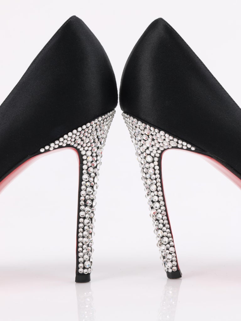 CHRISTIAN LOUBOUTIN Black Satin Pointed Toe Swarvoski Crystal Heel ...