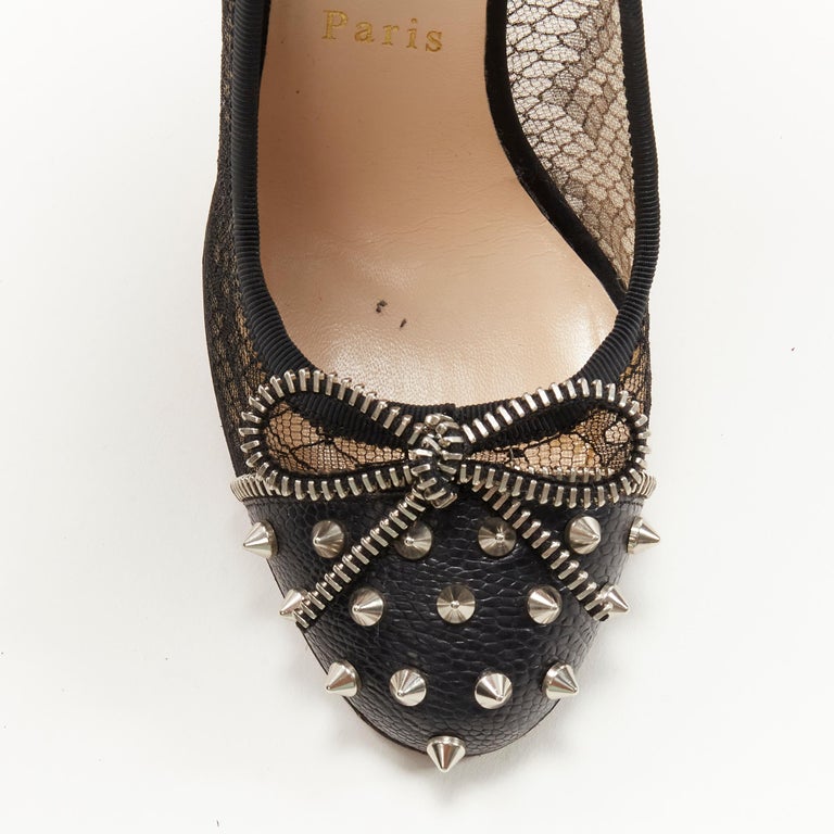 CHRISTIAN LOUBOUTIN black spike stud zipper bow python lace high heel ...
