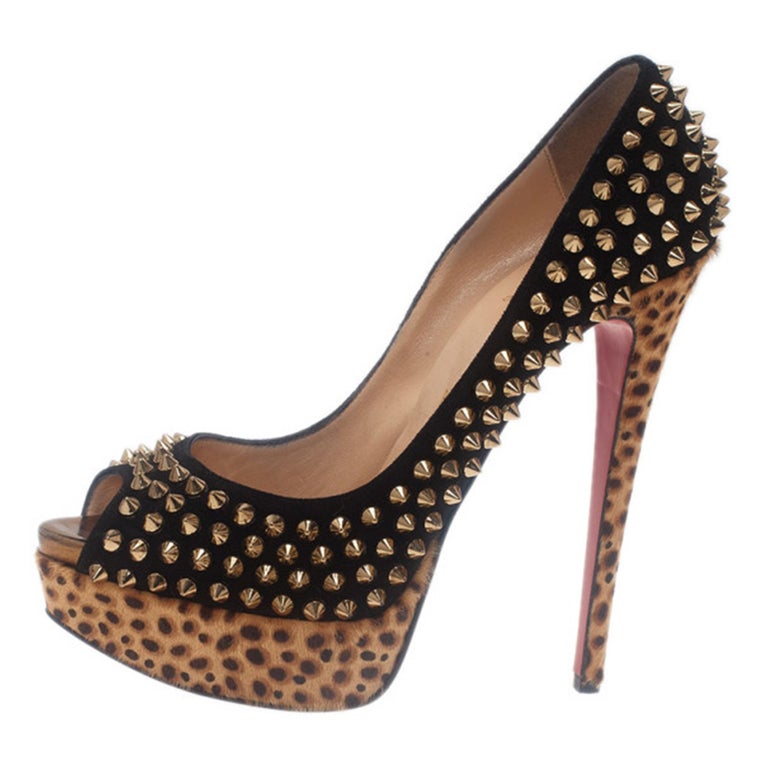 Christian Louboutin Black Suede Leopard Pony Hair Lady Peep Spikes ...