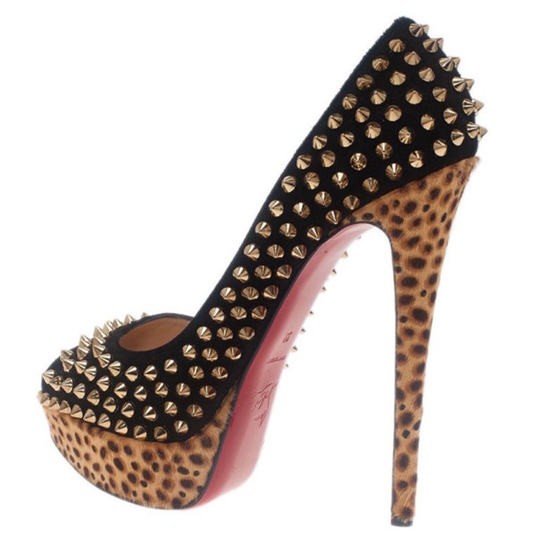 Christian Louboutin Black Suede Leopard Pony Hair Lady Peep Spikes ...