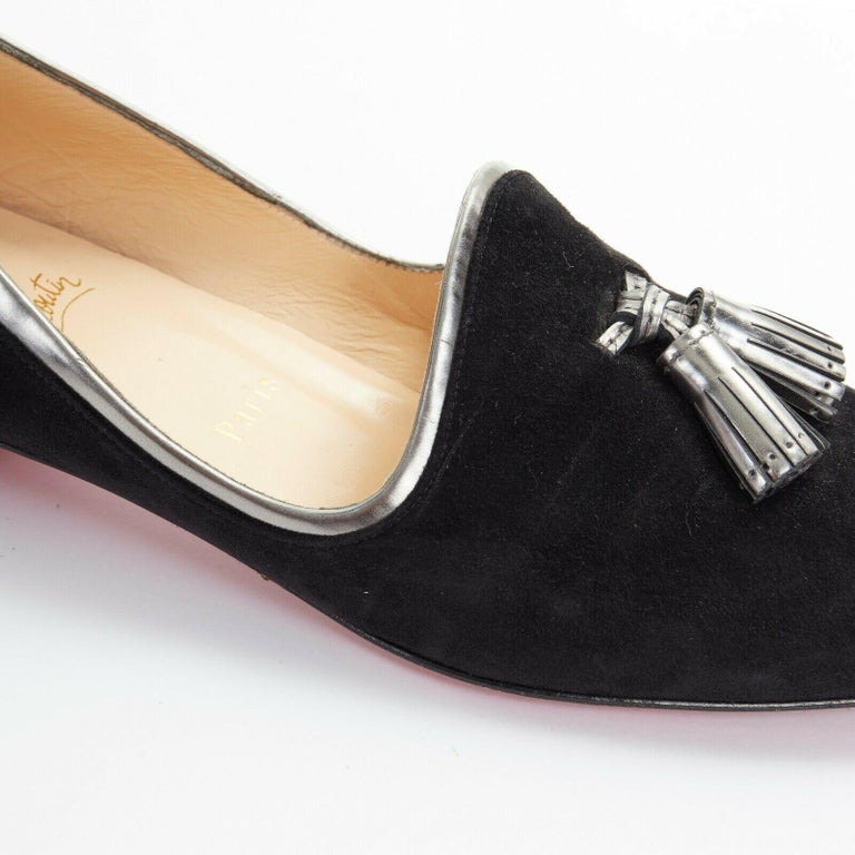 CHRISTIAN LOUBOUTIN black suede metallic grey tassel low vamp loafer ...