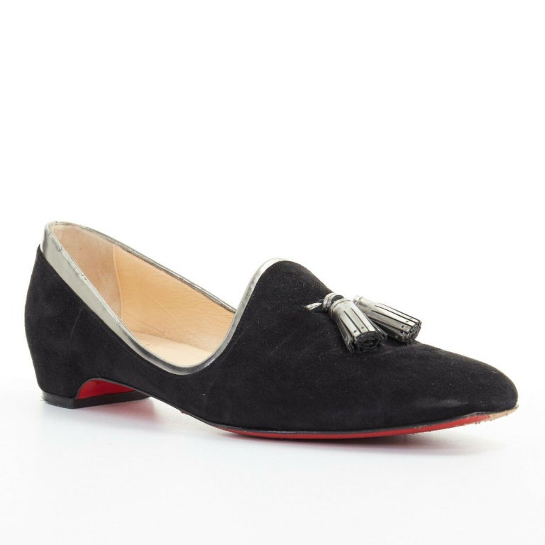 CHRISTIAN LOUBOUTIN black suede metallic grey tassel low vamp loafer ...