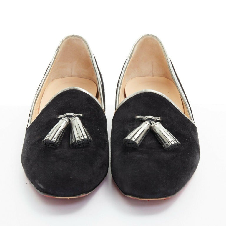 CHRISTIAN LOUBOUTIN black suede metallic grey tassel low vamp loafer ...