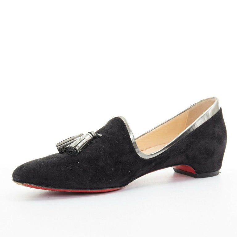 CHRISTIAN LOUBOUTIN black suede metallic grey tassel low vamp loafer ...