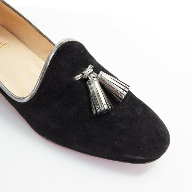CHRISTIAN LOUBOUTIN black suede metallic grey tassel low vamp loafer ...