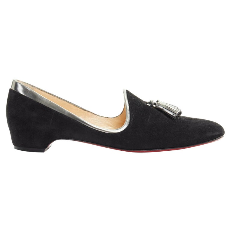 CHRISTIAN LOUBOUTIN black suede metallic grey tassel low vamp loafer ...