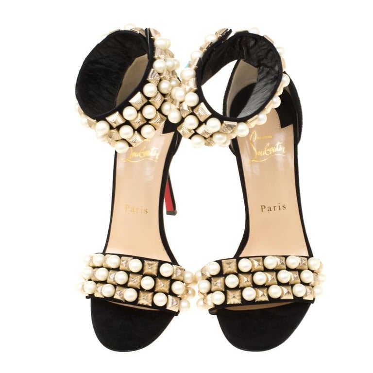 Christian Louboutin Black Suede Tudor Ankle Cuff Open Toe Sandals Size ...