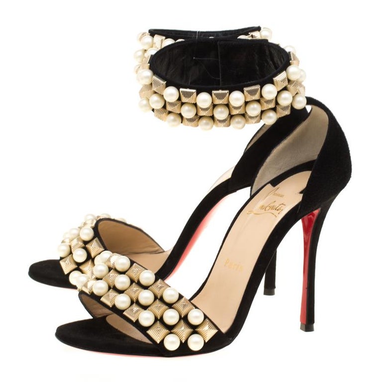 Christian Louboutin Black Suede Tudor Ankle Cuff Open Toe Sandals Size ...
