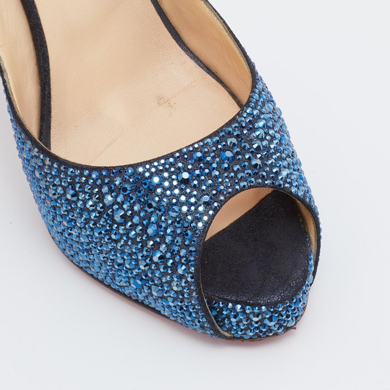 Christian Louboutin Blue Crystal N Prime Peep Toe Platform Sandals Size ...