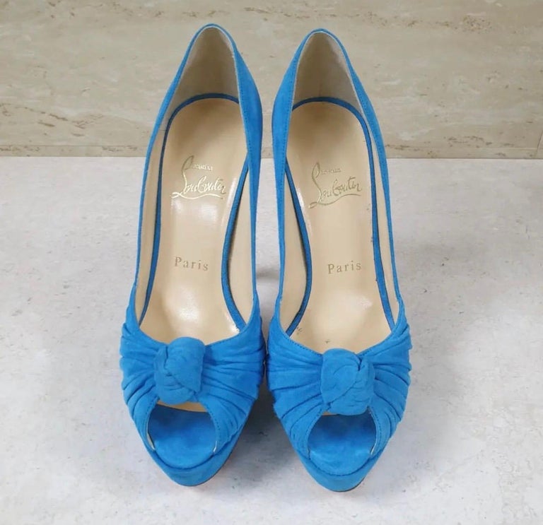 Christian Louboutin Blue Greissimo Suede Knot Peep Toe Platform Pumps ...