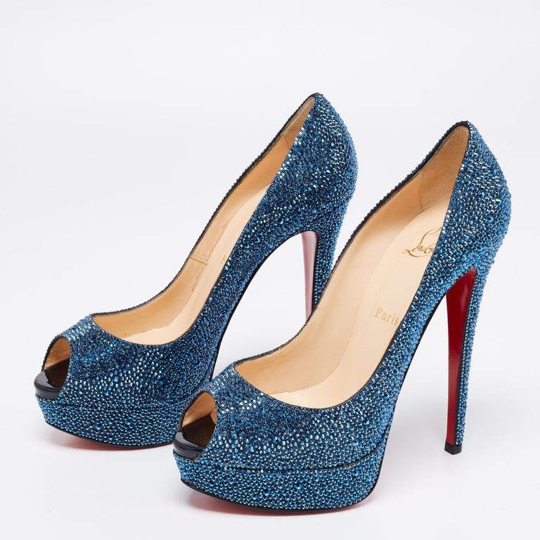 Christian Louboutin Blue Leather Crystal Lady Peep-Toe Platform Pump ...