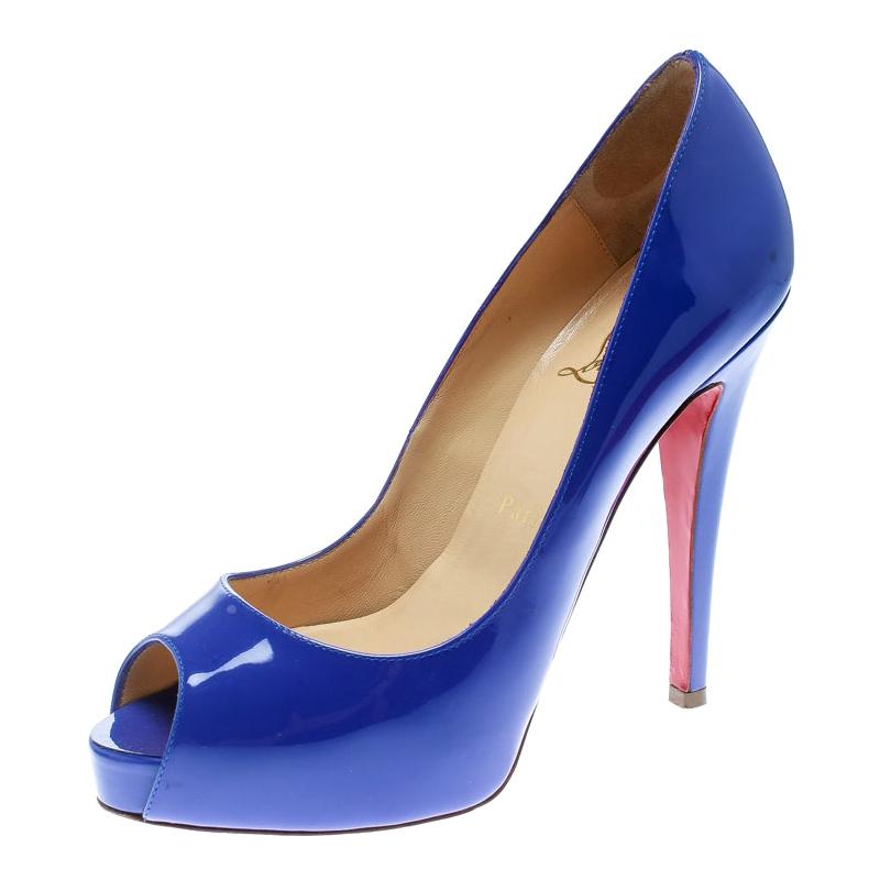 Christian Louboutin Blue Patent Leather Hyper Prive Peep Toe Pumps Size ...