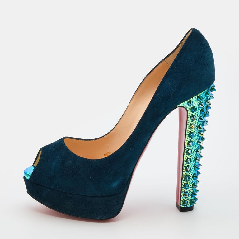 Christian Louboutin Blue Suede Babel Clou Hologram Heel Platform Pumps ...
