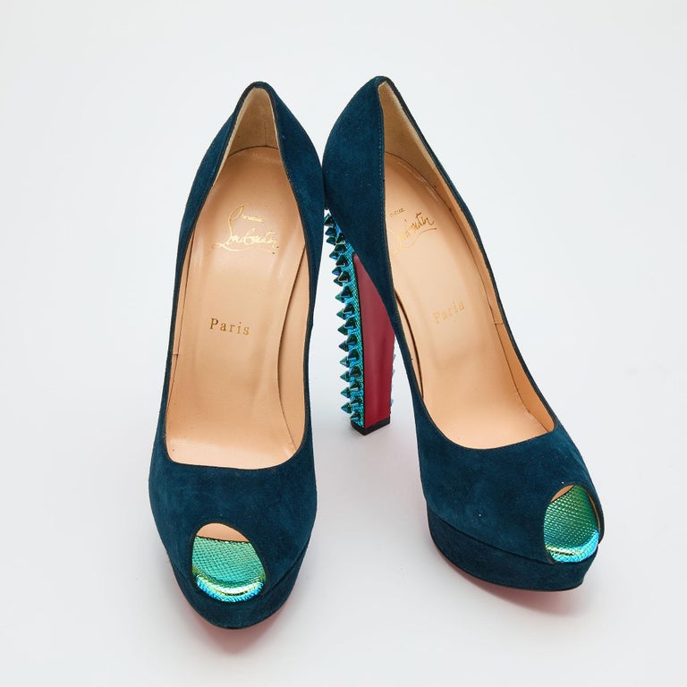 Christian Louboutin Blue Suede Babel Clou Hologram Heel Platform Pumps ...