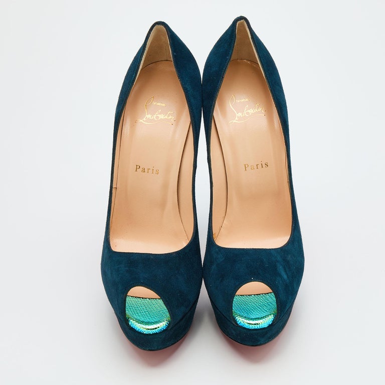 Christian Louboutin Blue Suede Babel Clou Hologram Heel Platform Pumps ...