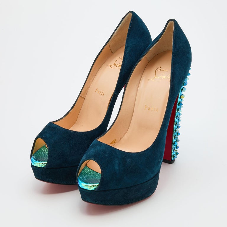 Christian Louboutin Blue Suede Babel Clou Hologram Heel Platform Pumps ...