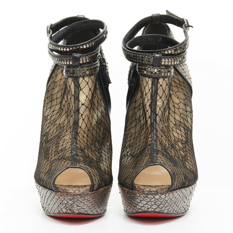 CHRISTIAN LOUBOUTIN Brigette 140 black mesh lace python platform bootie ...