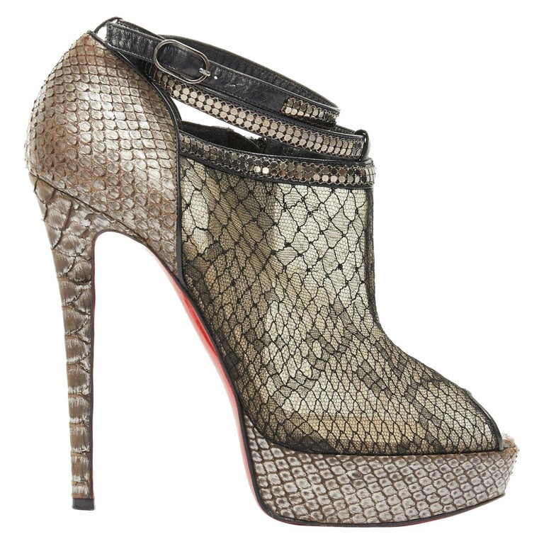 CHRISTIAN LOUBOUTIN Brigette 140 black mesh lace python platform bootie ...