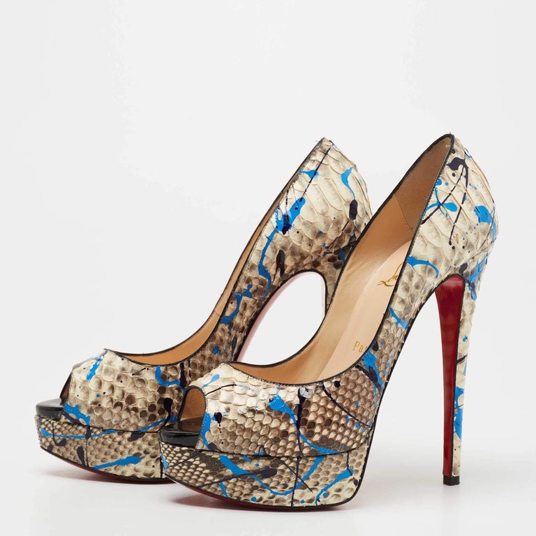 Christian Louboutin Brown/Beige Python Paint Splatter Lady Peep Pumps ...