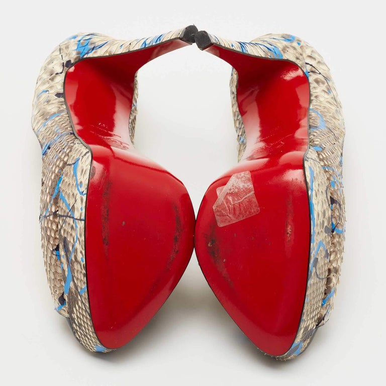 Christian Louboutin Brown/Beige Python Paint Splatter Lady Peep Pumps ...