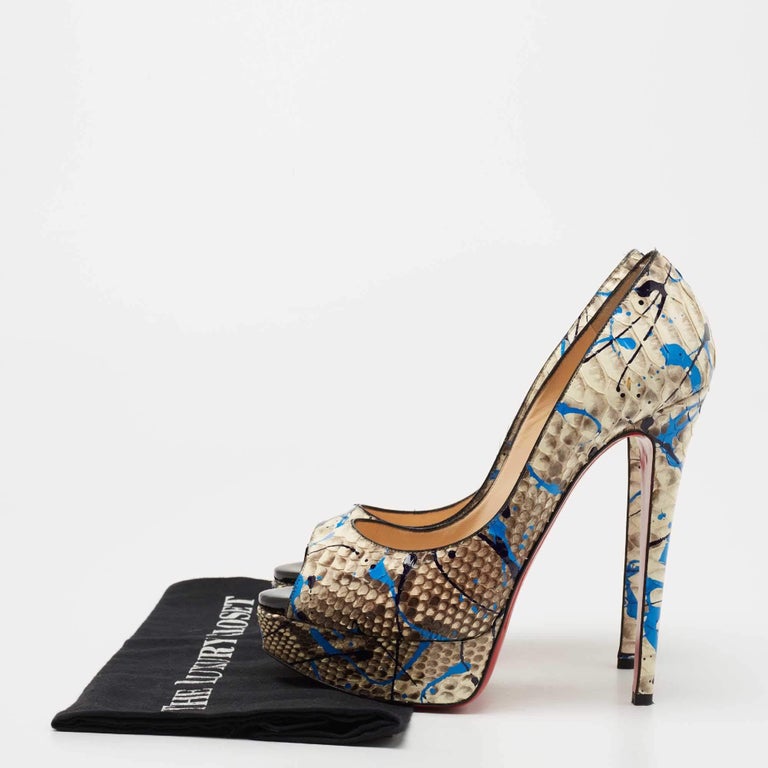 Christian Louboutin Brown/Beige Python Paint Splatter Lady Peep Pumps ...